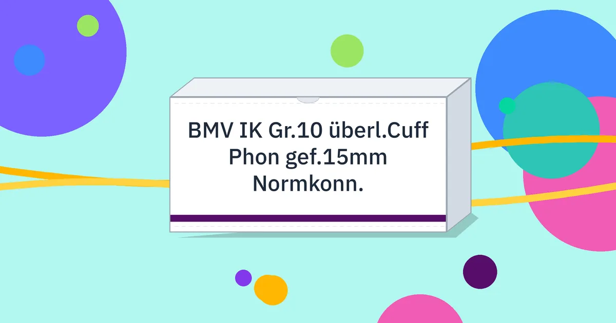 Symbolbild: Packung mit der Aufschrift BMV IK Gr.10 überl.Cuff Phon gef.15mm Normkonn. (PZN 18382611) – Verfügbarkeit und Bezug in Apotheken in Frankfurt am Main