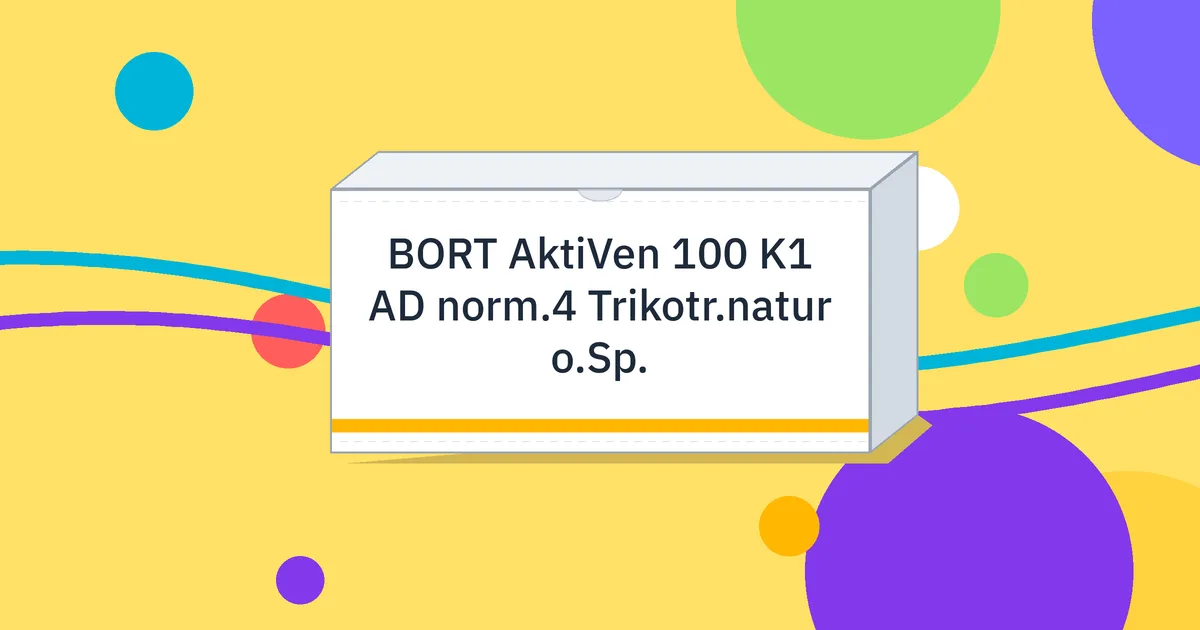 Symbolbild: Packung mit der Aufschrift BORT AktiVen 100 K1 AD norm.4 Trikotr.natur o.Sp. (PZN 13725986) – Verfügbarkeit und Bezug in Apotheken in Frankfurt am Main