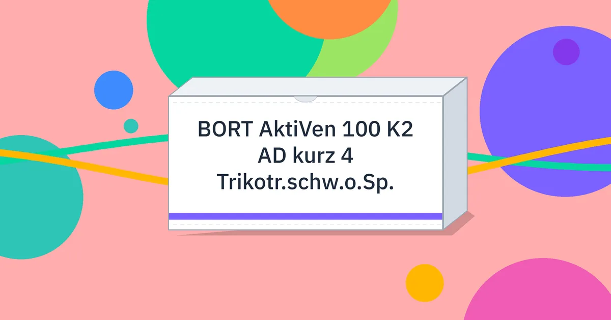 Symbolbild: Packung mit der Aufschrift BORT AktiVen 100 K2 AD kurz 4 Trikotr.schw.o.Sp. (PZN 14386635) – Verfügbarkeit und Bezug in Apotheken in Frankfurt am Main