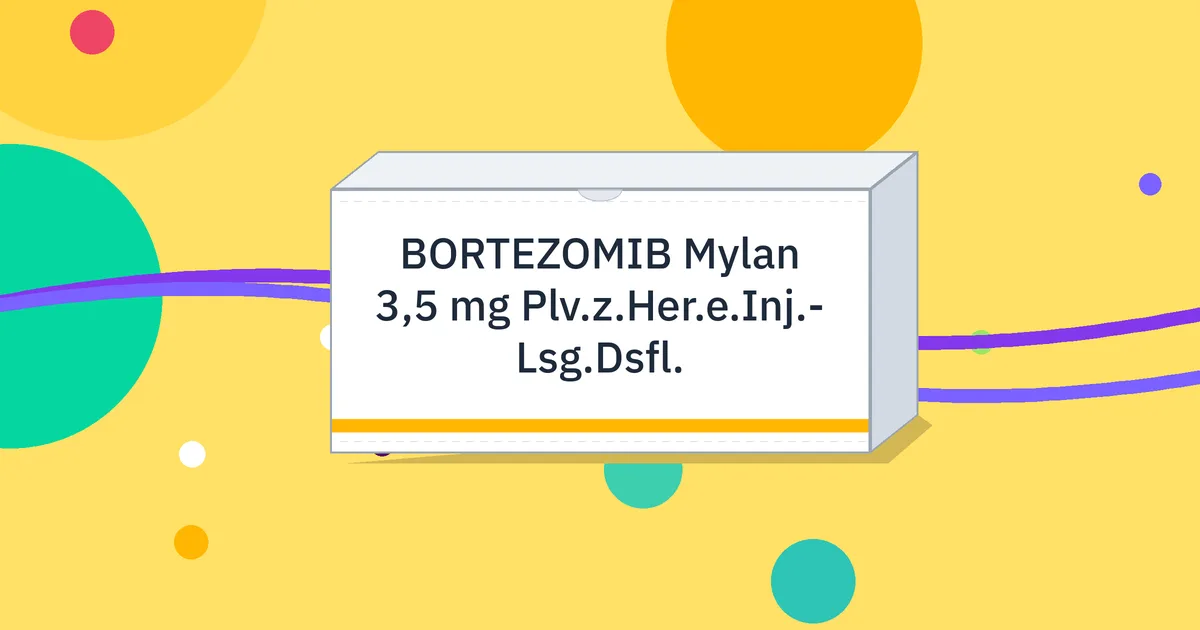 Symbolbild: Packung mit der Aufschrift BORTEZOMIB Mylan 3,5 mg Plv.z.Her.e.Inj.-Lsg.Dsfl. (PZN 17177843) – Verfügbarkeit und Bezug in Apotheken in Frankfurt am Main