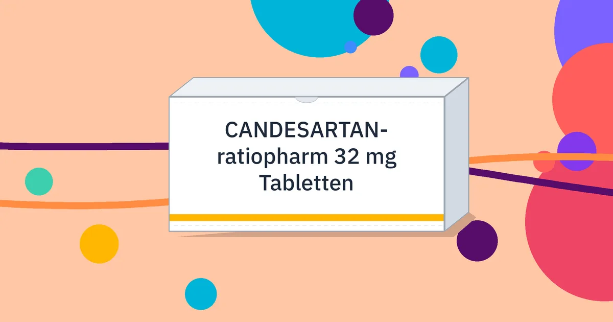 Symbolbild: Packung mit der Aufschrift CANDESARTAN-ratiopharm 32 mg Tabletten (PZN 08879799) – Verfügbarkeit und Bezug in Apotheken in Frankfurt am Main