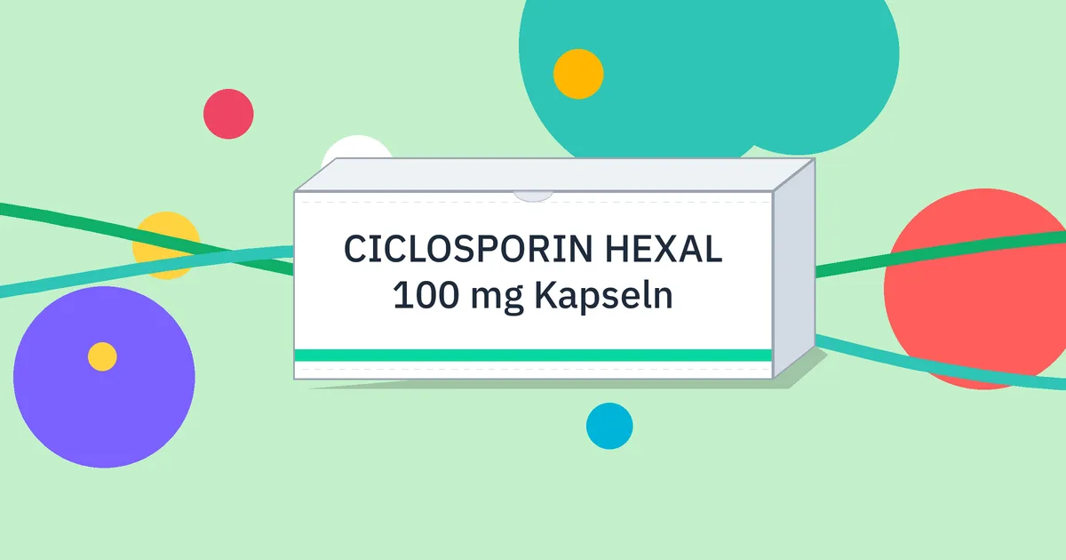 Symbolbild: Packung mit der Aufschrift CICLOSPORIN HEXAL 100 mg Kapseln (PZN 00765553) – Verfügbarkeit und Bezug in Apotheken in Frankfurt am Main