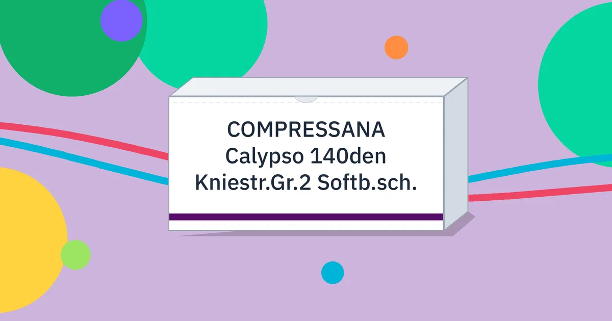 Symbolbild: Packung mit der Aufschrift COMPRESSANA Calypso 140den Kniestr.Gr.2 Softb.sch. (PZN 09076482) – Verfügbarkeit und Bezug in Apotheken in Frankfurt am Main