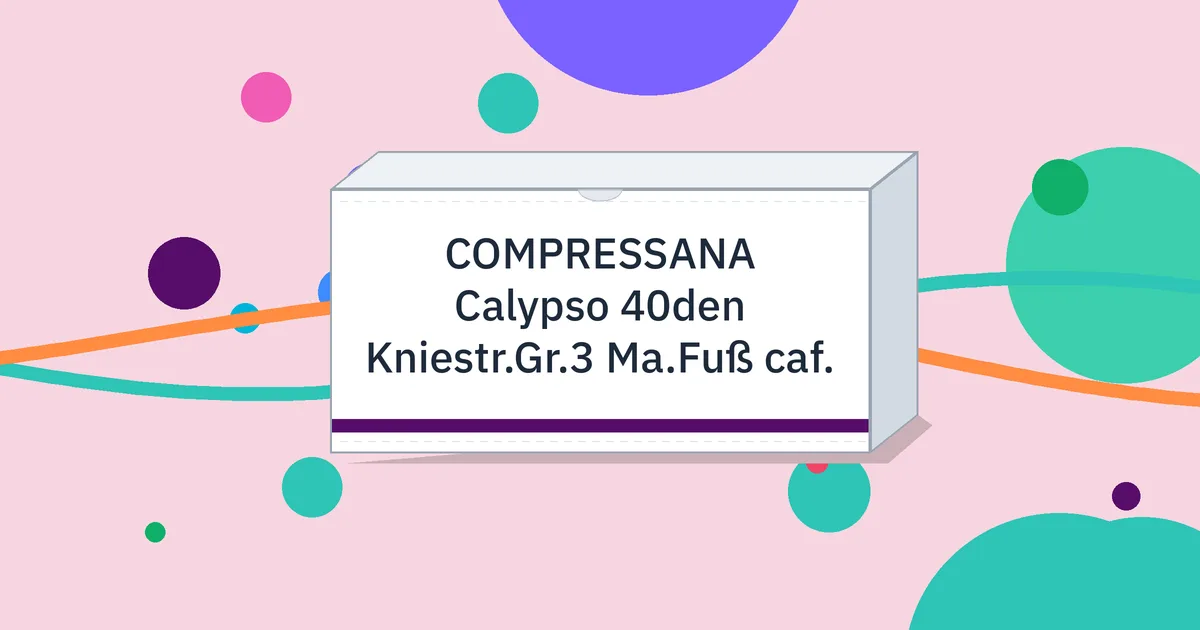 Symbolbild: Packung mit der Aufschrift COMPRESSANA Calypso 40den Kniestr.Gr.3 Ma.Fuß caf. (PZN 01880233) – Verfügbarkeit und Bezug in Apotheken in Frankfurt am Main