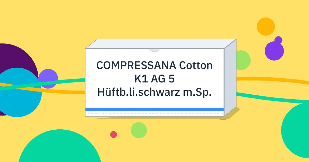 Symbolbild: Packung mit der Aufschrift COMPRESSANA Cotton K1 AG 5 Hüftb.li.schwarz m.Sp. (PZN 12980699) – Verfügbarkeit und Bezug in Apotheken in Frankfurt am Main