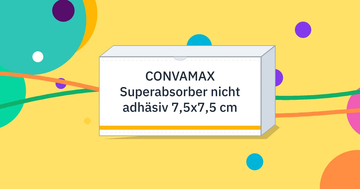 Symbolbild: Packung mit der Aufschrift CONVAMAX Superabsorber nicht adhäsiv 7,5x7,5 cm (PZN 19707127) – Verfügbarkeit und Bezug in Apotheken in Frankfurt am Main