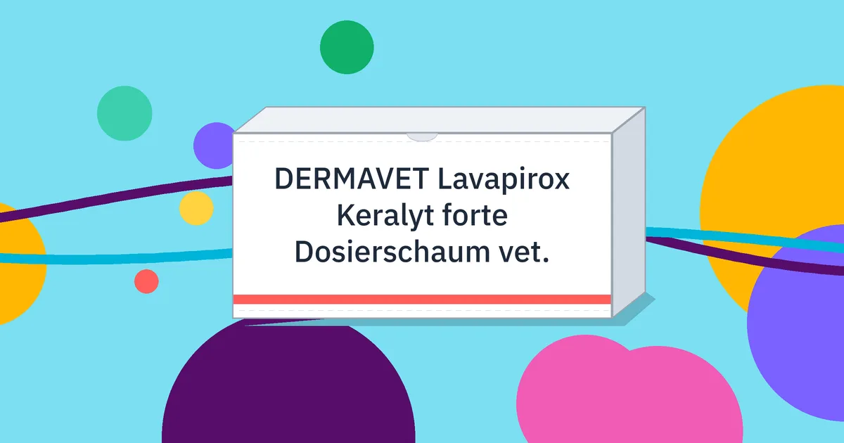 Symbolbild: Packung mit der Aufschrift DERMAVET Lavapirox Keralyt forte Dosierschaum vet. (PZN 18889793) – Verfügbarkeit und Bezug in Apotheken in Frankfurt am Main