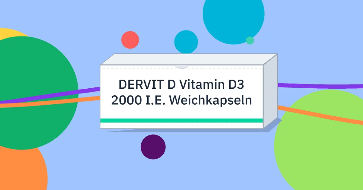Symbolbild: Packung mit der Aufschrift DERVIT D Vitamin D3 2000 I.E. Weichkapseln (PZN 19687502) – Verfügbarkeit und Bezug in Apotheken in Frankfurt am Main