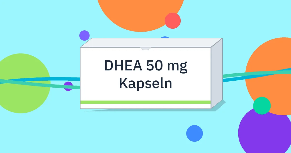 Symbolbild: Packung mit der Aufschrift DHEA 50 mg Kapseln (PZN 18718212) – Verfügbarkeit und Bezug in Apotheken in Frankfurt am Main