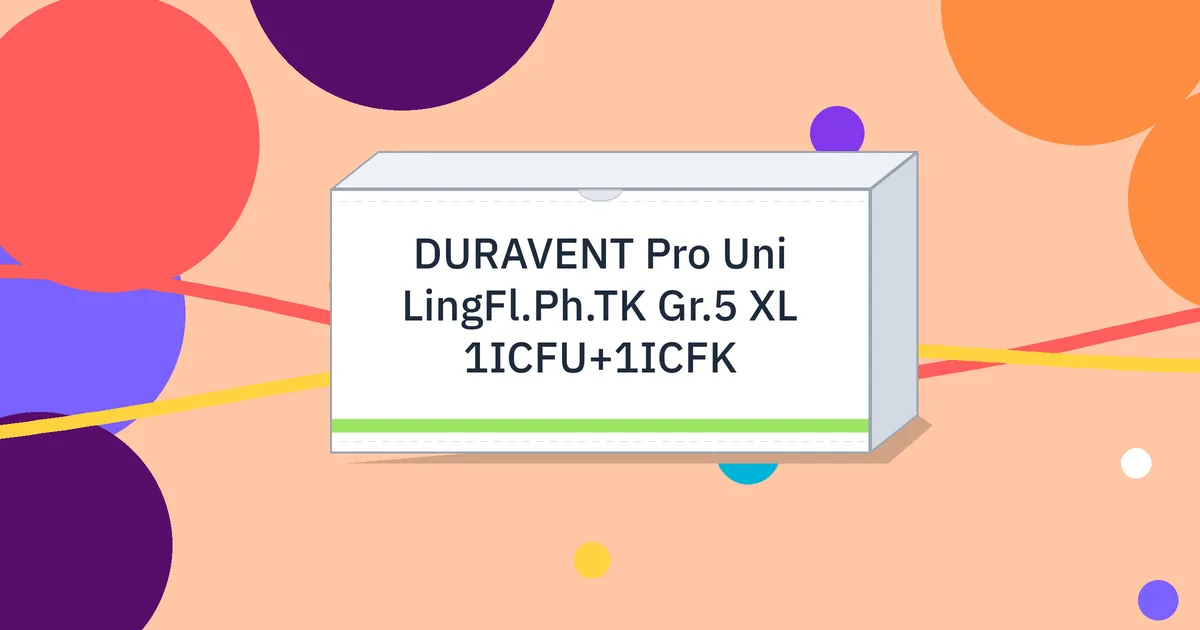 Symbolbild: Packung mit der Aufschrift DURAVENT Pro Uni LingFl.Ph.TK Gr.5 XL 1ICFU+1ICFK (PZN 19273060) – Verfügbarkeit und Bezug in Apotheken in Frankfurt am Main