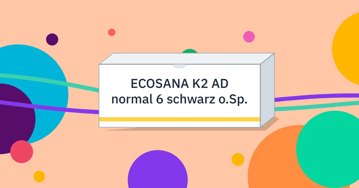 Symbolbild: Packung mit der Aufschrift ECOSANA K2 AD normal 6 schwarz o.Sp. (PZN 01355521) – Verfügbarkeit und Bezug in Apotheken in Frankfurt am Main