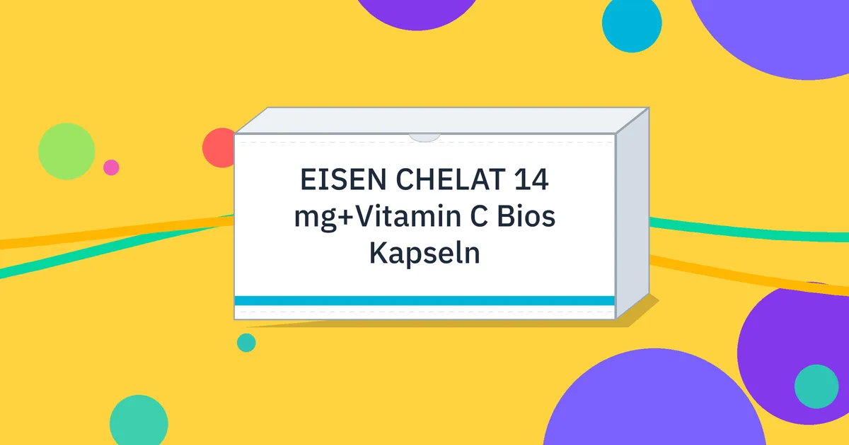 Symbolbild: Packung mit der Aufschrift EISEN CHELAT 14 mg+Vitamin C Bios Kapseln (PZN 16329127) – Verfügbarkeit und Bezug in Apotheken in Frankfurt am Main