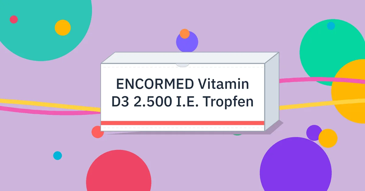 Symbolbild: Packung mit der Aufschrift ENCORMED Vitamin D3 2.500 I.E. Tropfen (PZN 12482725) – Verfügbarkeit und Bezug in Apotheken in Frankfurt am Main