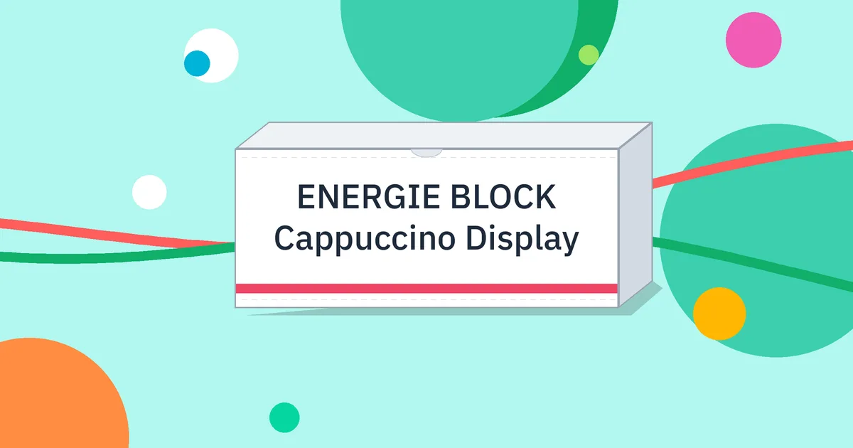 Symbolbild: Packung mit der Aufschrift ENERGIE BLOCK Cappuccino Display (PZN 19688476) – Verfügbarkeit und Bezug in Apotheken in Frankfurt am Main