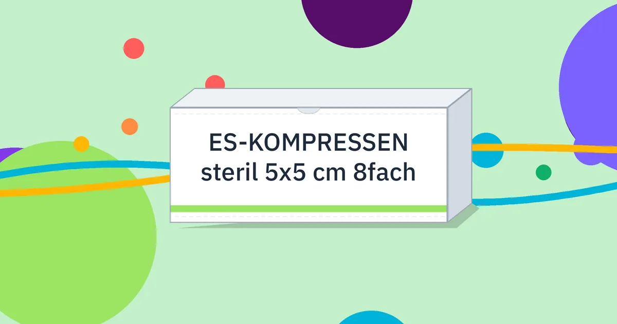 Symbolbild: Packung mit der Aufschrift ES-KOMPRESSEN steril 5x5 cm 8fach (PZN 19394125) – Verfügbarkeit und Bezug in Apotheken in Frankfurt am Main