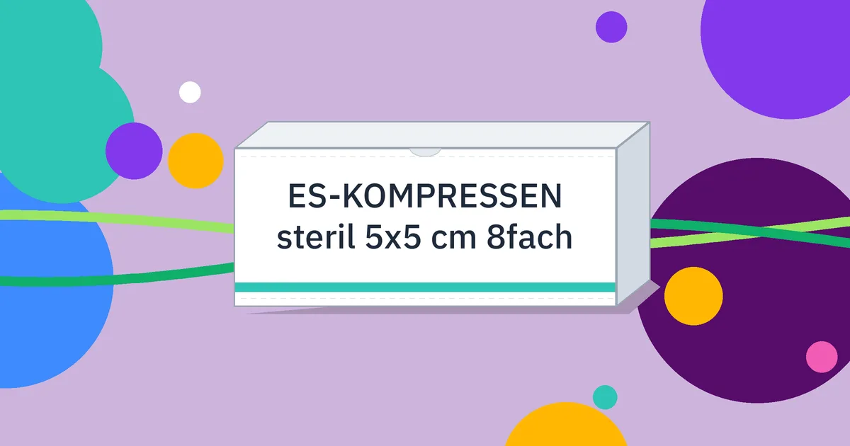 Symbolbild: Packung mit der Aufschrift ES-KOMPRESSEN steril 5x5 cm 8fach (PZN 19700504) – Verfügbarkeit und Bezug in Apotheken in Frankfurt am Main