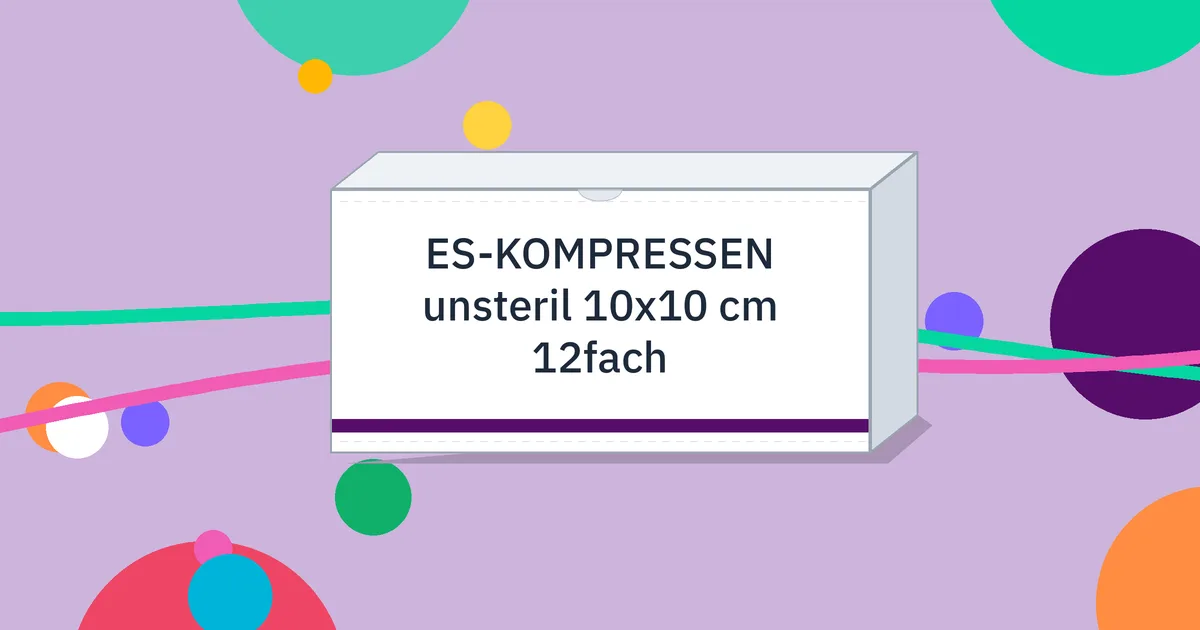 Symbolbild: Packung mit der Aufschrift ES-KOMPRESSEN unsteril 10x10 cm 12fach (PZN 16205201) – Verfügbarkeit und Bezug in Apotheken in Frankfurt am Main