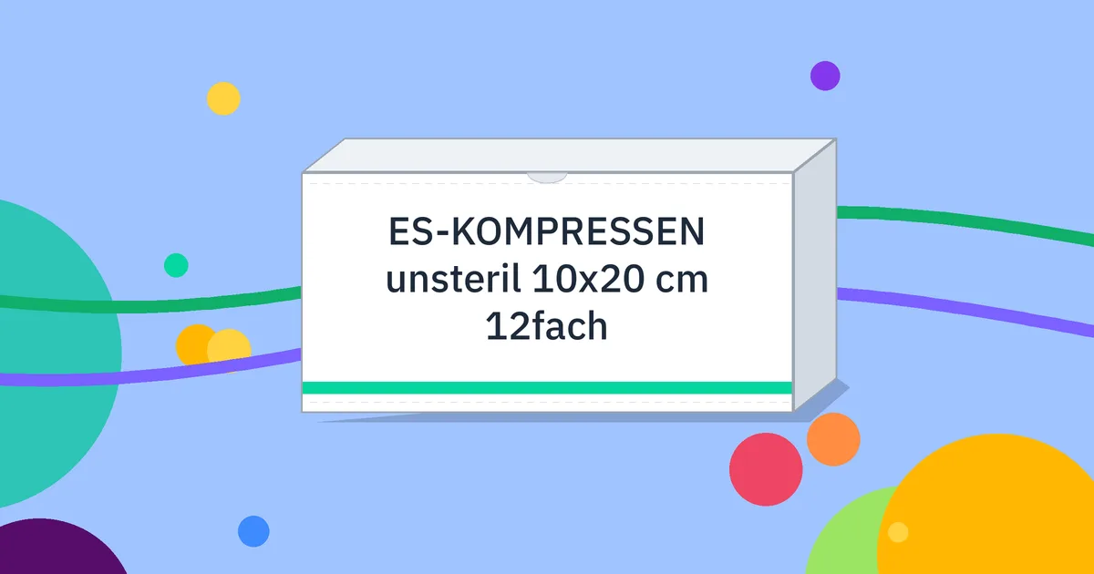 Symbolbild: Packung mit der Aufschrift ES-KOMPRESSEN unsteril 10x20 cm 12fach (PZN 18363192) – Verfügbarkeit und Bezug in Apotheken in Frankfurt am Main