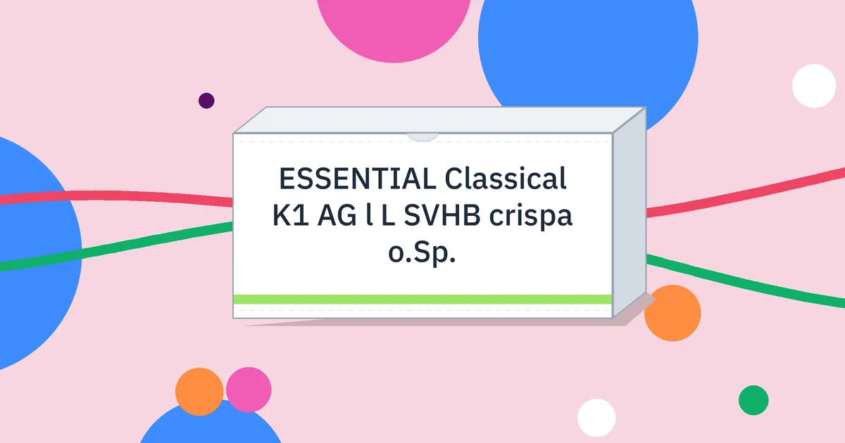 Symbolbild: Packung mit der Aufschrift ESSENTIAL Classical K1 AG l L SVHB crispa o.Sp. (PZN 18420257) – Verfügbarkeit und Bezug in Apotheken in Frankfurt am Main