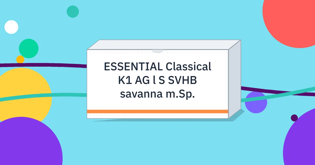Symbolbild: Packung mit der Aufschrift ESSENTIAL Classical K1 AG l S SVHB savanna m.Sp. (PZN 18420949) – Verfügbarkeit und Bezug in Apotheken in Frankfurt am Main