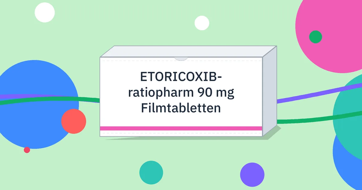 Symbolbild: Packung mit der Aufschrift ETORICOXIB-ratiopharm 90 mg Filmtabletten (PZN 12377141) – Verfügbarkeit und Bezug in Apotheken in Frankfurt am Main