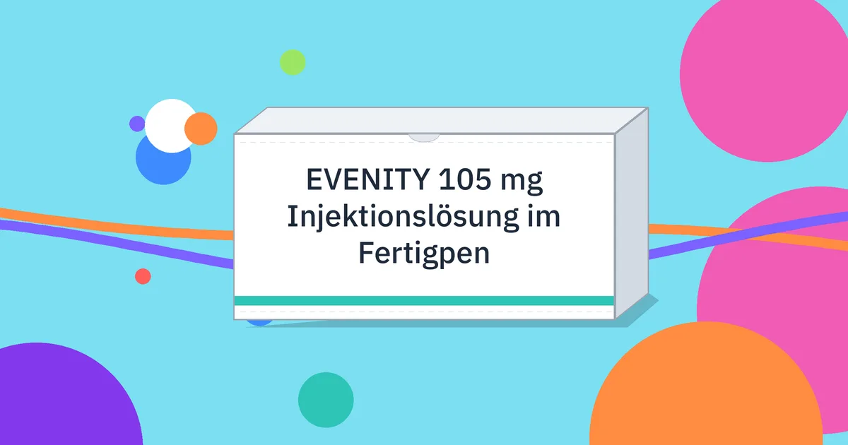 Symbolbild: Packung mit der Aufschrift EVENITY 105 mg Injektionslösung im Fertigpen (PZN 14367193) – Verfügbarkeit und Bezug in Apotheken in Frankfurt am Main