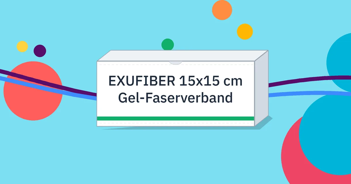 Symbolbild: Packung mit der Aufschrift EXUFIBER 15x15 cm Gel-Faserverband (PZN 19362088) – Verfügbarkeit und Bezug in Apotheken in Frankfurt am Main