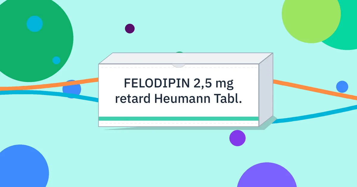 Symbolbild: Packung mit der Aufschrift FELODIPIN 2,5 mg retard Heumann Tabl. (PZN 01406201) – Verfügbarkeit und Bezug in Apotheken in Frankfurt am Main