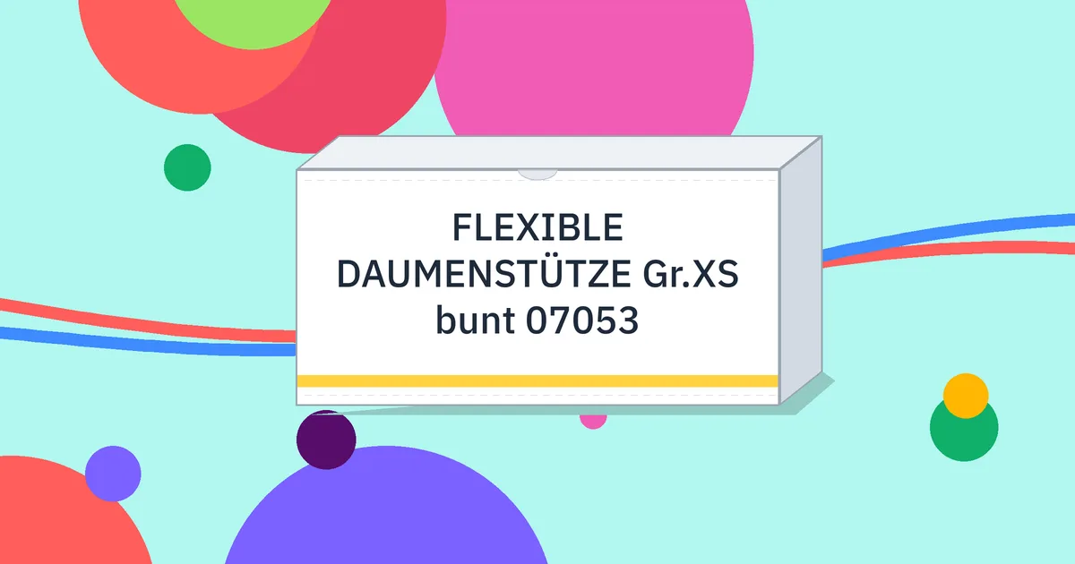 Symbolbild: Packung mit der Aufschrift FLEXIBLE DAUMENSTÜTZE Gr.XS bunt 07053 (PZN 08732636) – Verfügbarkeit und Bezug in Apotheken in Frankfurt am Main