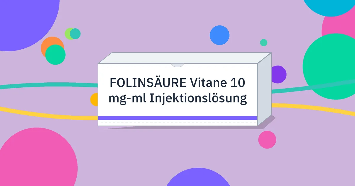 Symbolbild: Packung mit der Aufschrift FOLINSÄURE Vitane 10 mg-ml Injektionslösung (PZN 11289096) – Verfügbarkeit und Bezug in Apotheken in Frankfurt am Main