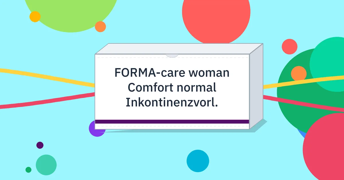 Symbolbild: Packung mit der Aufschrift FORMA-care woman Comfort normal Inkontinenzvorl. (PZN 18851371) – Verfügbarkeit und Bezug in Apotheken in Frankfurt am Main
