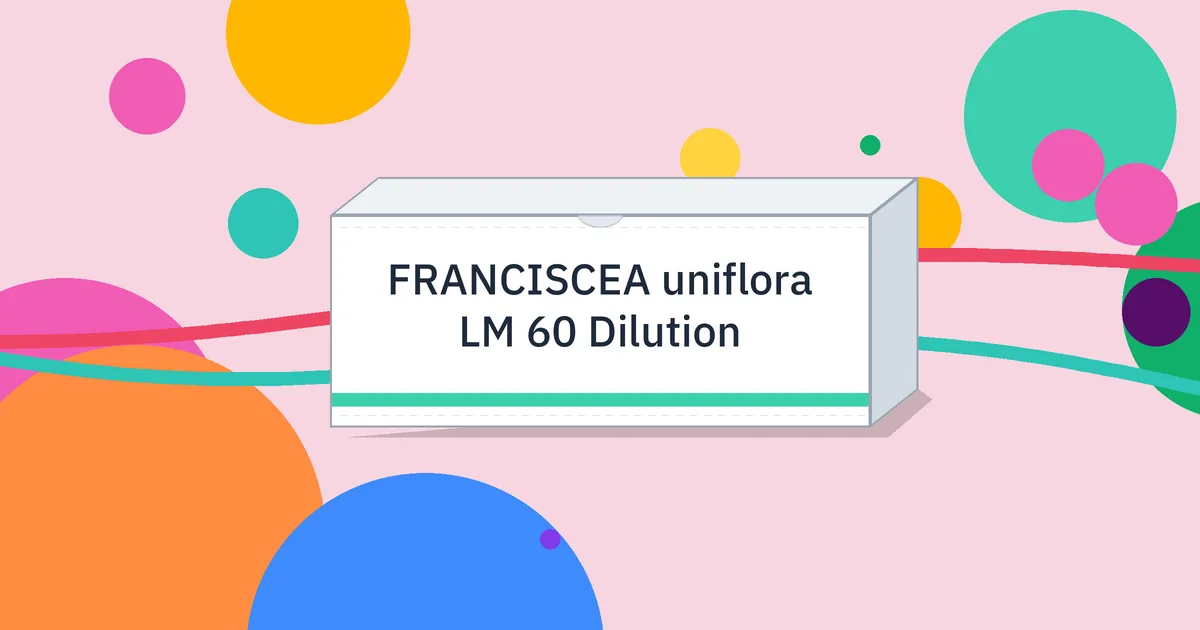 Symbolbild: Packung mit der Aufschrift FRANCISCEA uniflora LM 60 Dilution (PZN 13491347) – Verfügbarkeit und Bezug in Apotheken in Frankfurt am Main