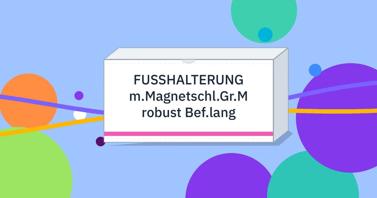 Symbolbild: Packung mit der Aufschrift FUSSHALTERUNG m.Magnetschl.Gr.M robust Bef.lang (PZN 09168126) – Verfügbarkeit und Bezug in Apotheken in Frankfurt am Main