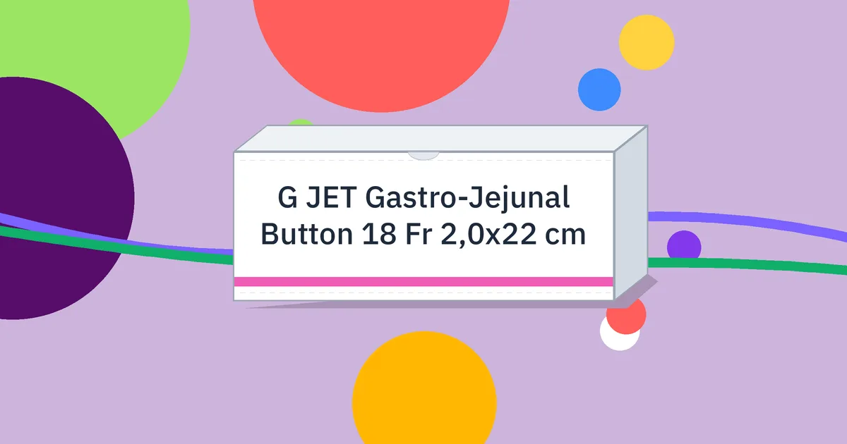 Symbolbild: Packung mit der Aufschrift G JET Gastro-Jejunal Button 18 Fr 2,0x22 cm (PZN 14343399) – Verfügbarkeit und Bezug in Apotheken in Frankfurt am Main
