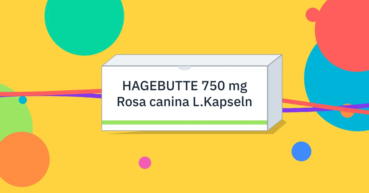Symbolbild: Packung mit der Aufschrift HAGEBUTTE 750 mg Rosa canina L.Kapseln (PZN 01628433) – Verfügbarkeit und Bezug in Apotheken in Frankfurt am Main