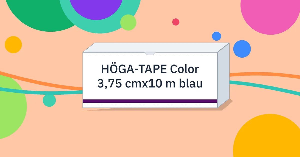 Symbolbild: Packung mit der Aufschrift HÖGA-TAPE Color 3,75 cmx10 m blau (PZN 10079758) – Verfügbarkeit und Bezug in Apotheken in Frankfurt am Main