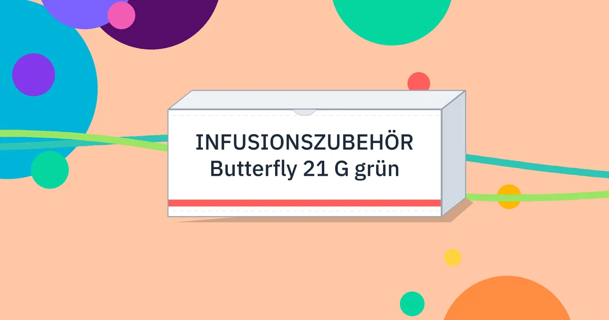 Symbolbild: Packung mit der Aufschrift INFUSIONSZUBEHÖR Butterfly 21 G grün (PZN 09630205) – Verfügbarkeit und Bezug in Apotheken in Frankfurt am Main
