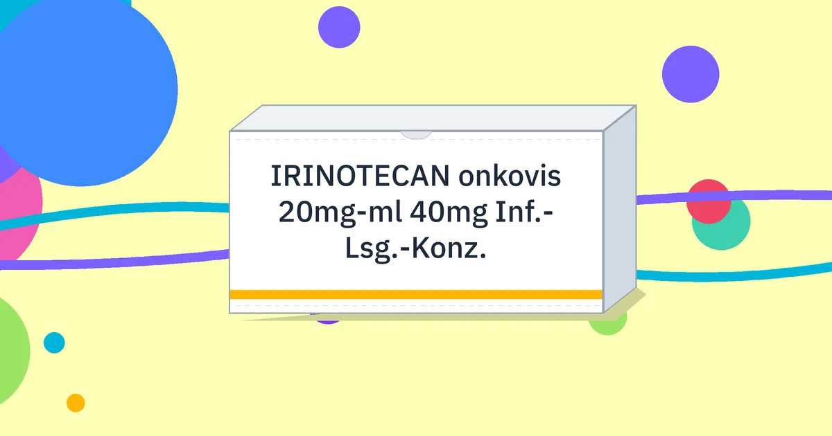 Symbolbild: Packung mit der Aufschrift IRINOTECAN onkovis 20mg-ml 40mg Inf.-Lsg.-Konz. (PZN 05387914) – Verfügbarkeit und Bezug in Apotheken in Frankfurt am Main