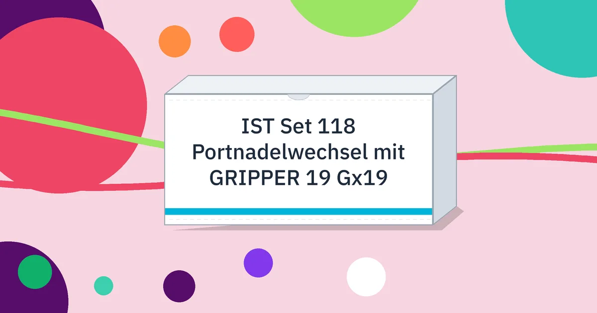 Symbolbild: Packung mit der Aufschrift IST Set 118 Portnadelwechsel mit GRIPPER 19 Gx19 (PZN 10049740) – Verfügbarkeit und Bezug in Apotheken in Frankfurt am Main