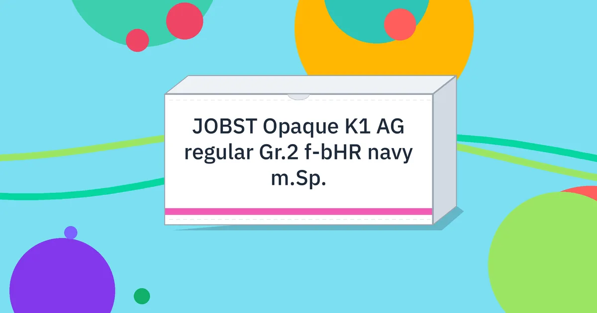 Symbolbild: Packung mit der Aufschrift JOBST Opaque K1 AG regular Gr.2 f-bHR navy m.Sp. (PZN 13090602) – Verfügbarkeit und Bezug in Apotheken in Frankfurt am Main