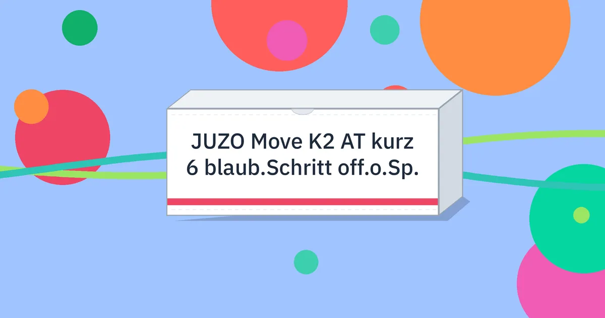 Symbolbild: Packung mit der Aufschrift JUZO Move K2 AT kurz 6 blaub.Schritt off.o.Sp. (PZN 20676030) – Verfügbarkeit und Bezug in Apotheken in Frankfurt am Main