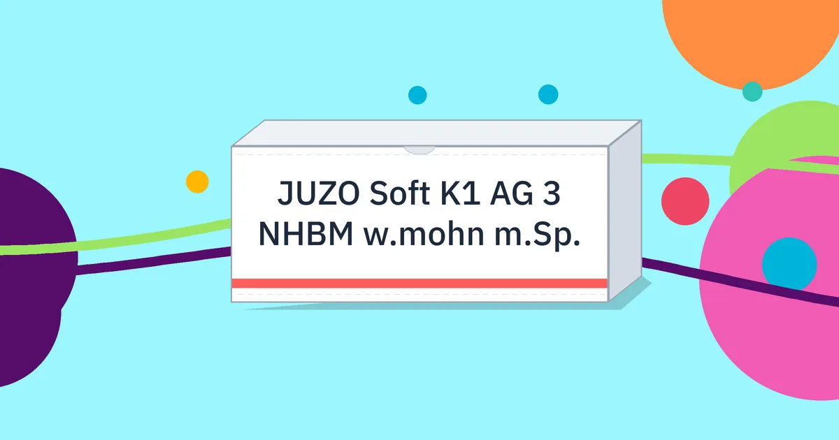 Symbolbild: Packung mit der Aufschrift JUZO Soft K1 AG 3 NHBM w.mohn m.Sp. (PZN 15015355) – Verfügbarkeit und Bezug in Apotheken in Frankfurt am Main