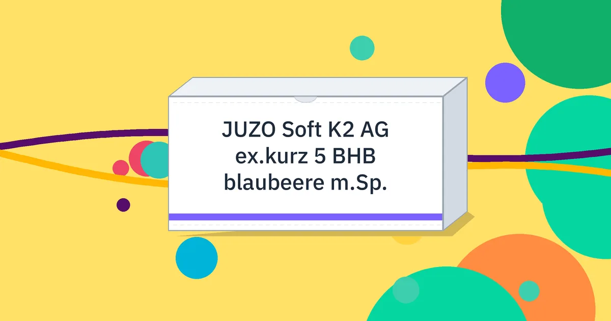 Symbolbild: Packung mit der Aufschrift JUZO Soft K2 AG ex.kurz 5 BHB blaubeere m.Sp. (PZN 14827619) – Verfügbarkeit und Bezug in Apotheken in Frankfurt am Main