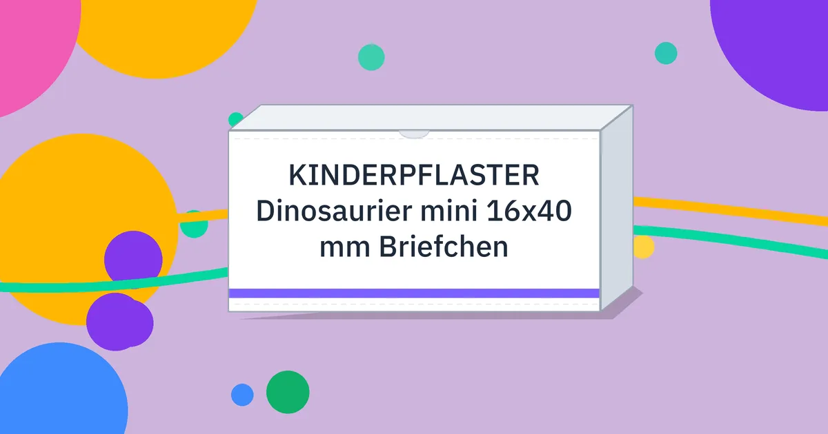 Symbolbild: Packung mit der Aufschrift KINDERPFLASTER Dinosaurier mini 16x40 mm Briefchen (PZN 09385958) – Verfügbarkeit und Bezug in Apotheken in Frankfurt am Main