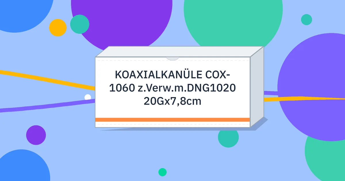 Symbolbild: Packung mit der Aufschrift KOAXIALKANÜLE COX-1060 z.Verw.m.DNG1020 20Gx7,8cm (PZN 00284374) – Verfügbarkeit und Bezug in Apotheken in Frankfurt am Main