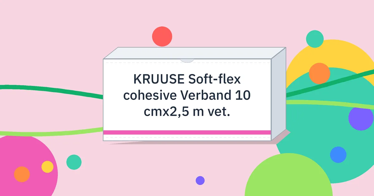 Symbolbild: Packung mit der Aufschrift KRUUSE Soft-flex cohesive Verband 10 cmx2,5 m vet. (PZN 18443620) – Verfügbarkeit und Bezug in Apotheken in Frankfurt am Main