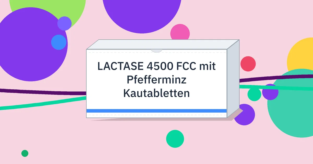 Symbolbild: Packung mit der Aufschrift LACTASE 4500 FCC mit Pfefferminz Kautabletten (PZN 16236897) – Verfügbarkeit und Bezug in Apotheken in Frankfurt am Main