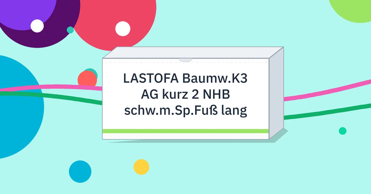 Symbolbild: Packung mit der Aufschrift LASTOFA Baumw.K3 AG kurz 2 NHB schw.m.Sp.Fuß lang (PZN 01955244) – Verfügbarkeit und Bezug in Apotheken in Frankfurt am Main