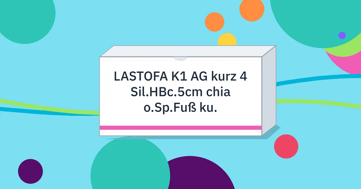 Symbolbild: Packung mit der Aufschrift LASTOFA K1 AG kurz 4 Sil.HBc.5cm chia o.Sp.Fuß ku. (PZN 13791859) – Verfügbarkeit und Bezug in Apotheken in Frankfurt am Main