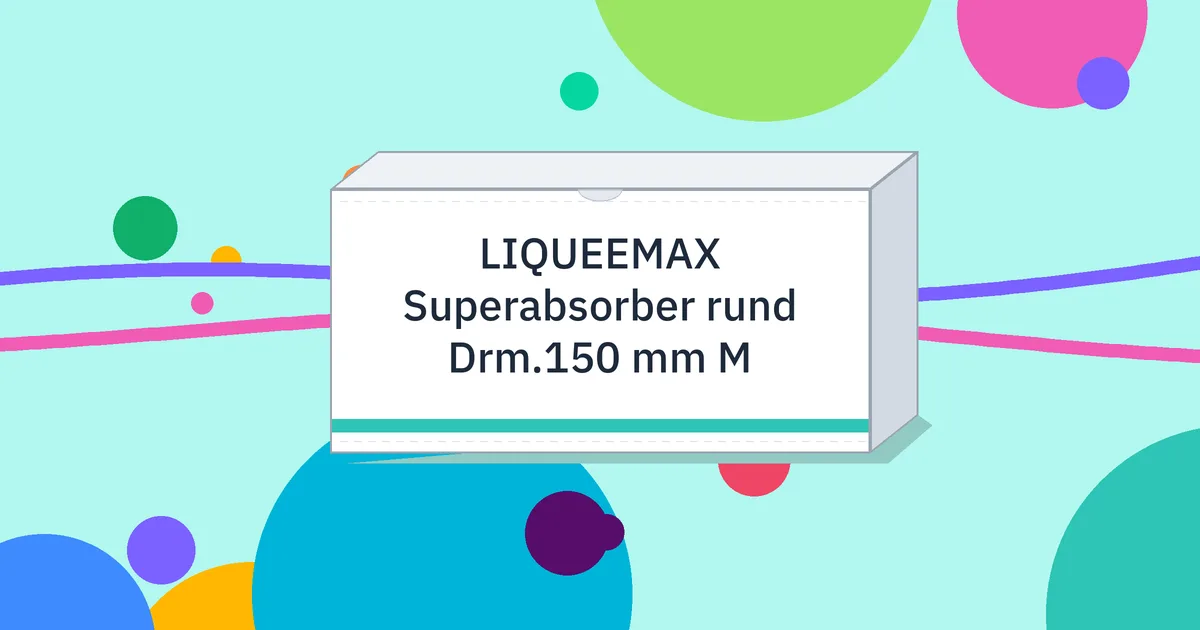 Symbolbild: Packung mit der Aufschrift LIQUEEMAX Superabsorber rund Drm.150 mm M (PZN 19904052) – Verfügbarkeit und Bezug in Apotheken in Frankfurt am Main